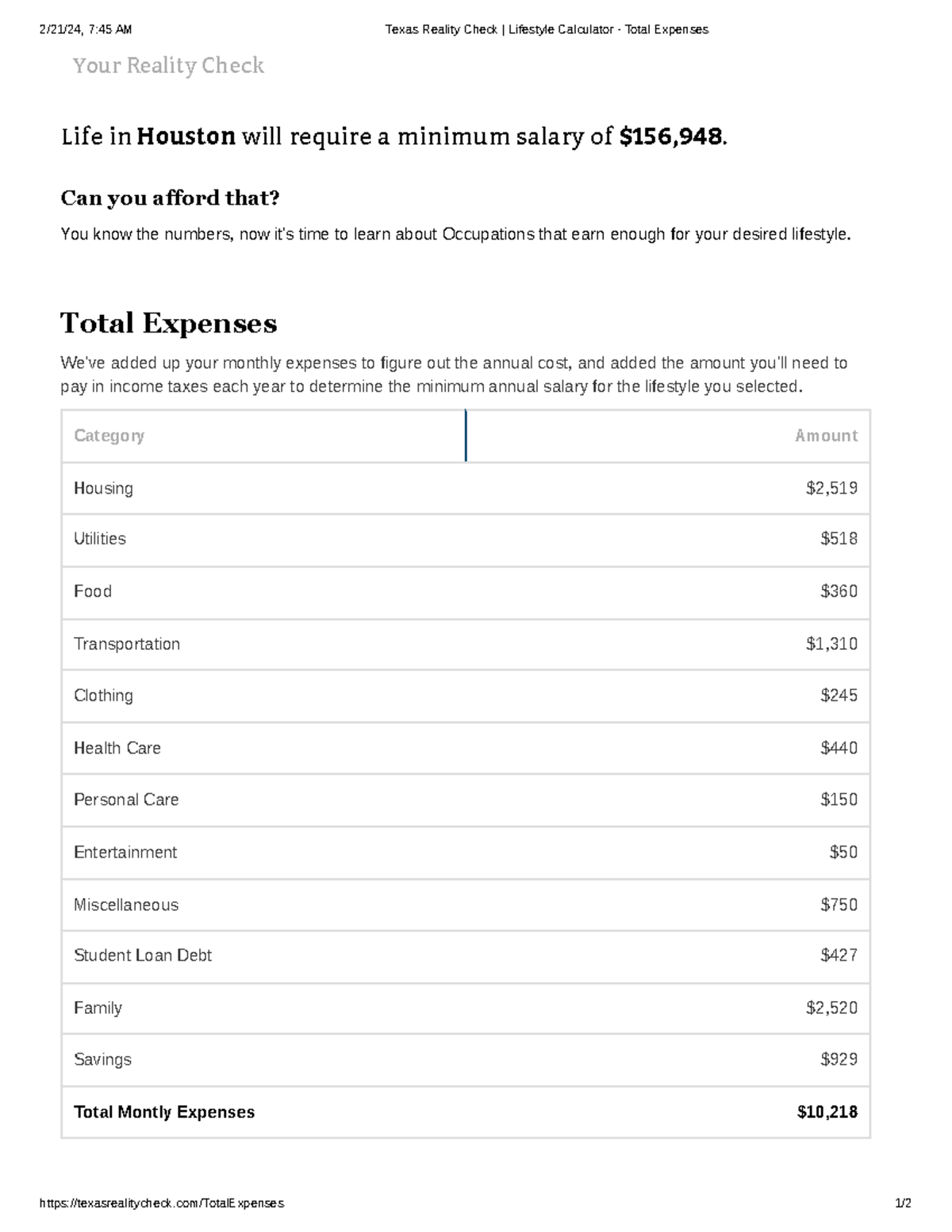 Texas Reality Check Lifestyle Calculator - Total Expenses - 2/21/24, 7 ...