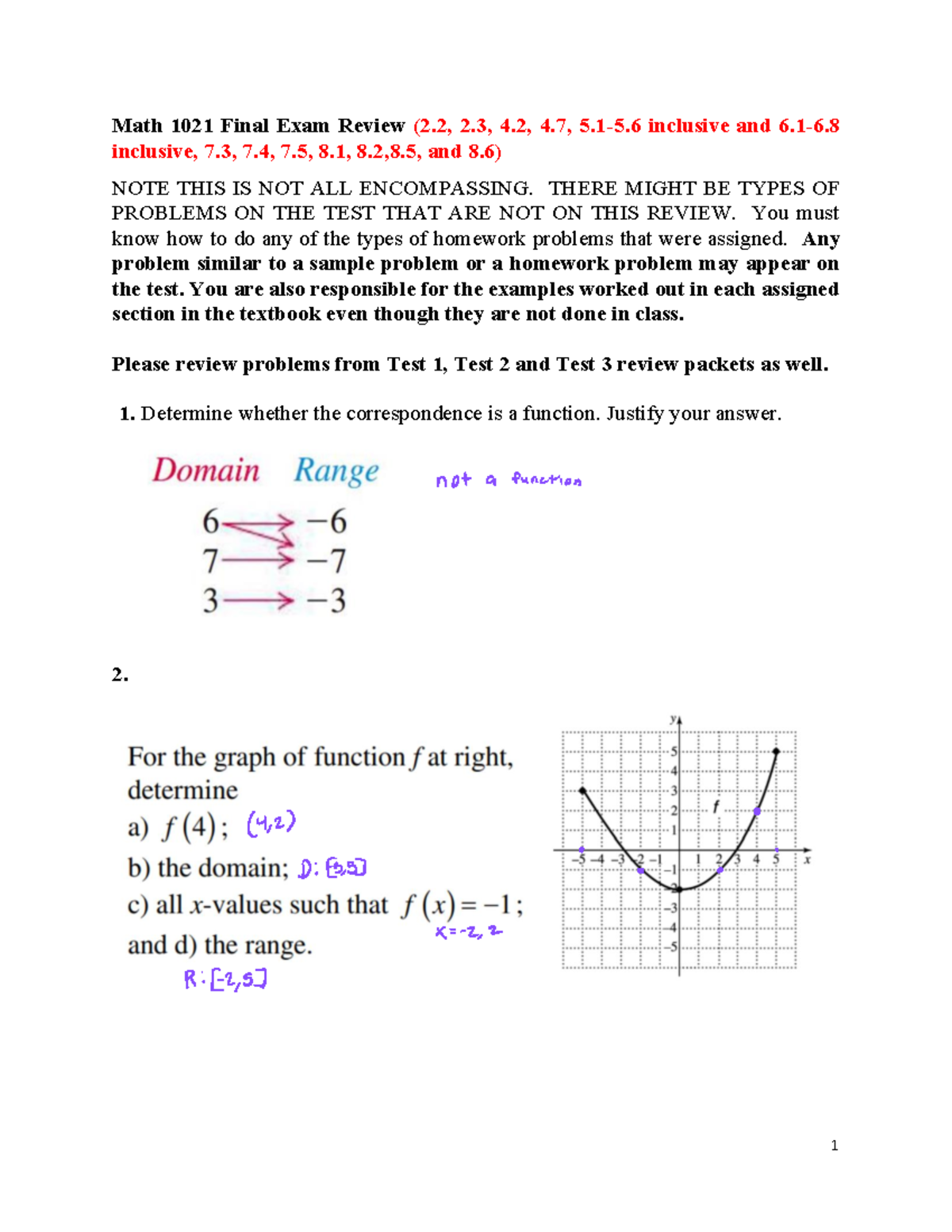 Final Exam Notes - 1 Math 1021 Final Exam Review (2, 2, 4, 4, 5.1-5 ...
