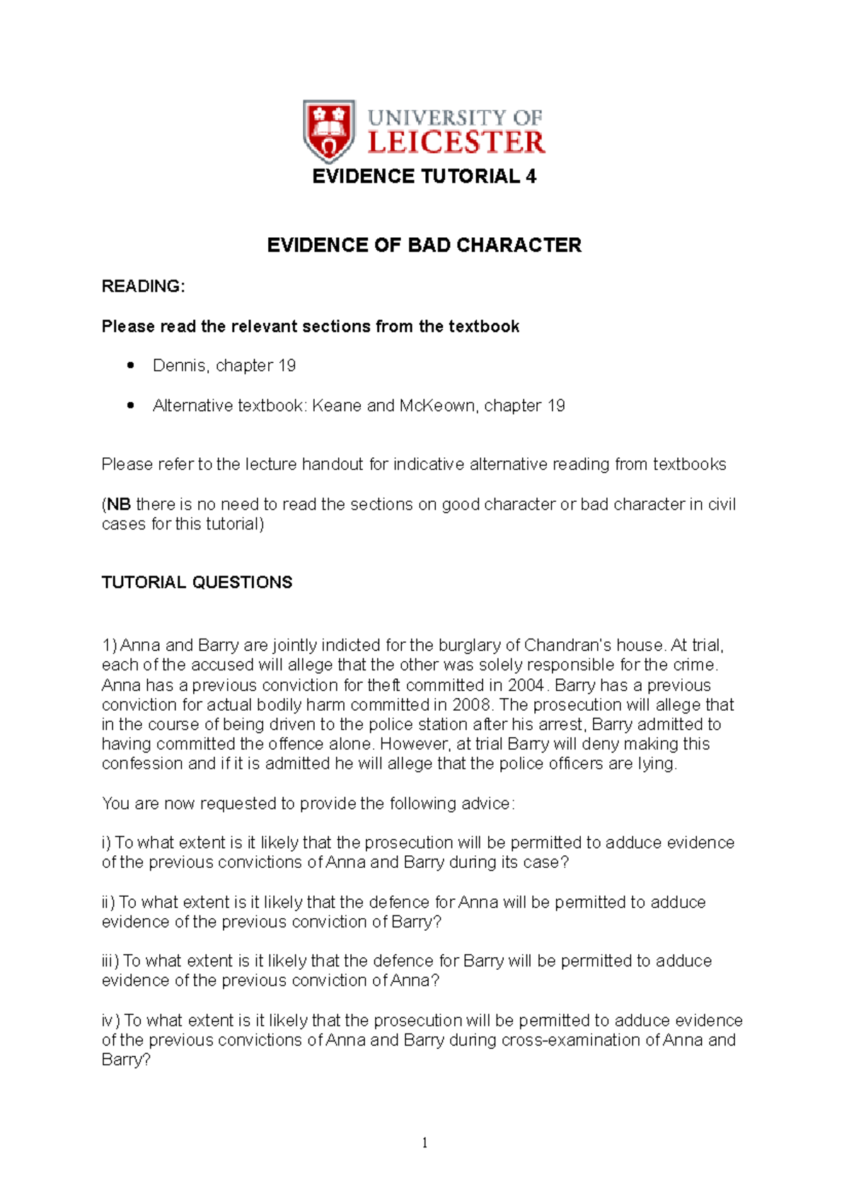 Evidence Tutorial 4 - EVIDENCE TUTORIAL 4 EVIDENCE OF BAD CHARACTER ...