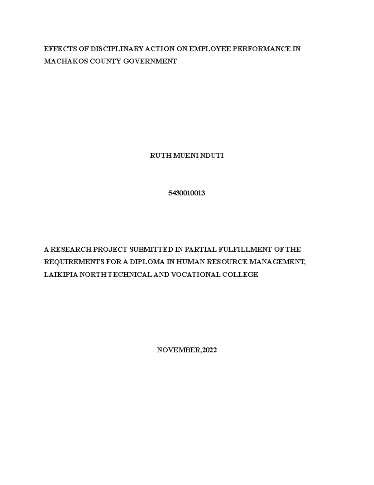 RUTH Mueni Nduti Project Final - EFFECTS OF DISCIPLINARY ACTION ON ...