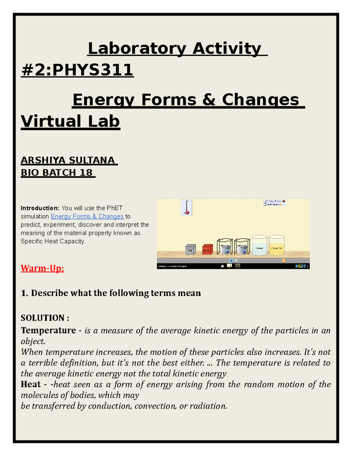 PHYS311 LAB Energy Forms AND Changes - Laboratory Activity #2:PHYS ...