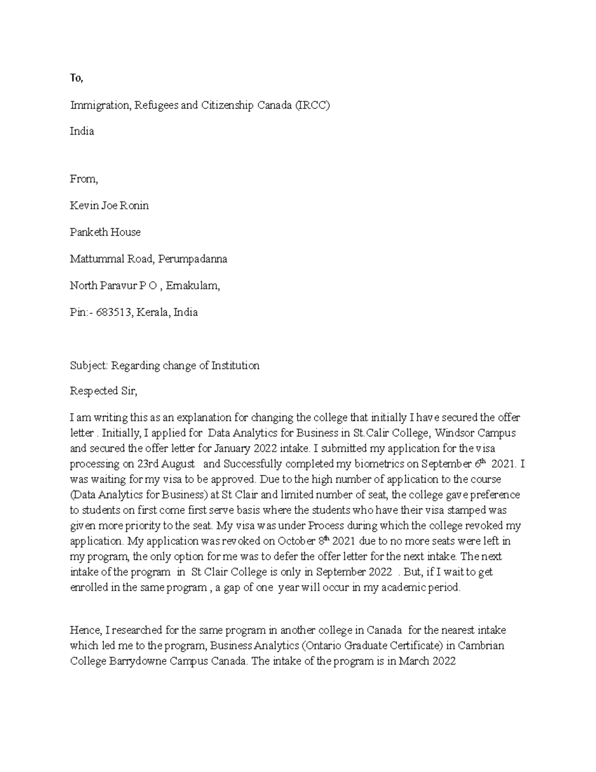Kevin Joe Ronin - Cover Letter about the cover letter - To, Immigration ...