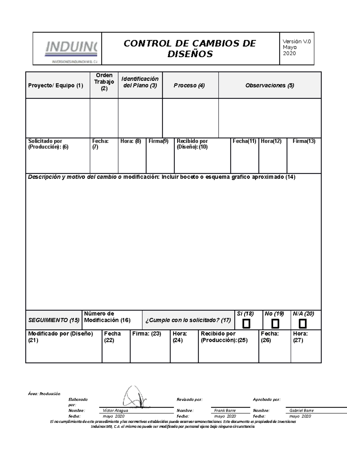 Control de Cambios de Diseño - CONTROL DE CAMBIOS DE DISEÑOS Versión V. Mayo 2020 Proyecto ...