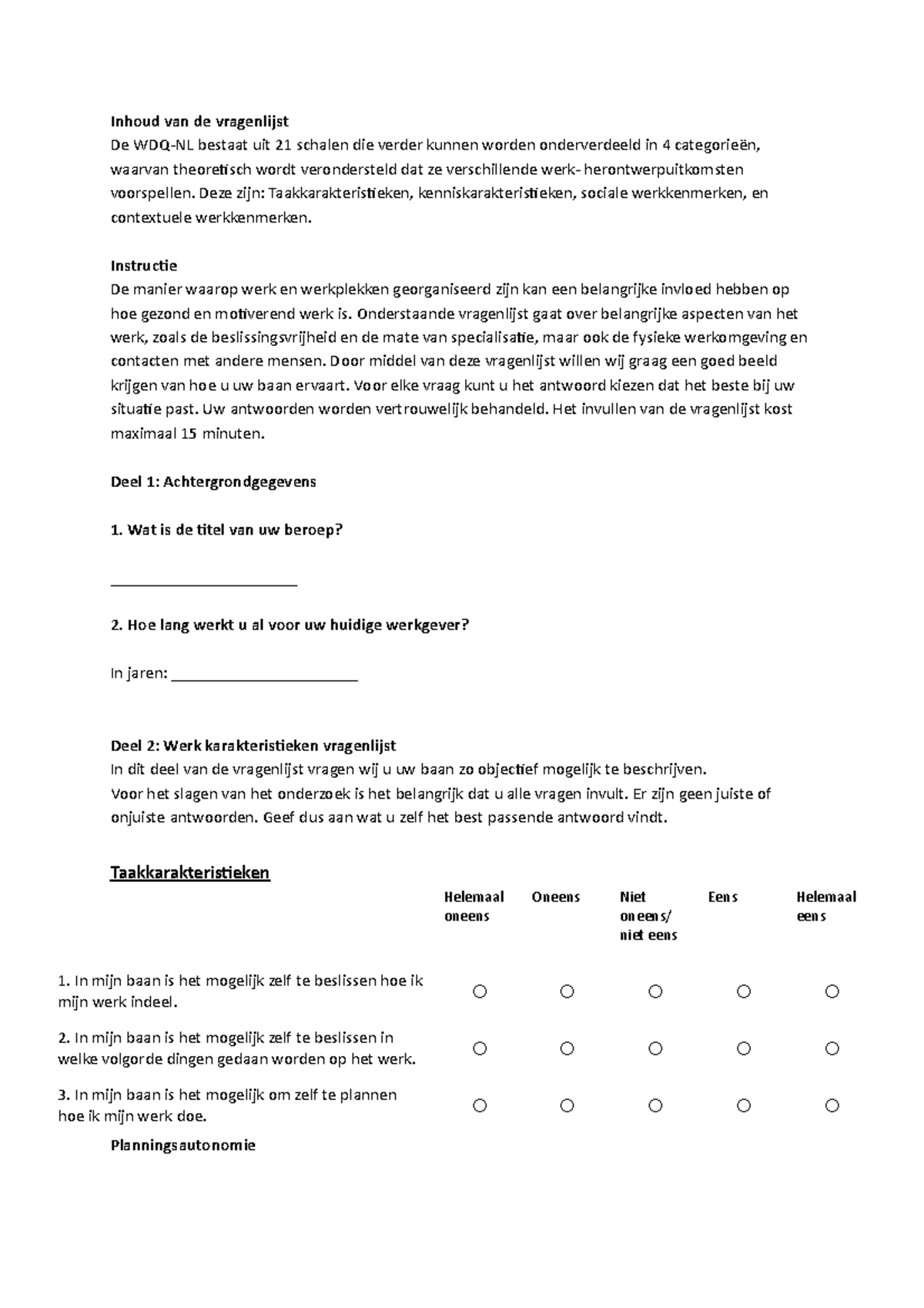 Work Design Questionnaire - Inhoud van de vragenlijst De WDQ‐NL bestaat ...