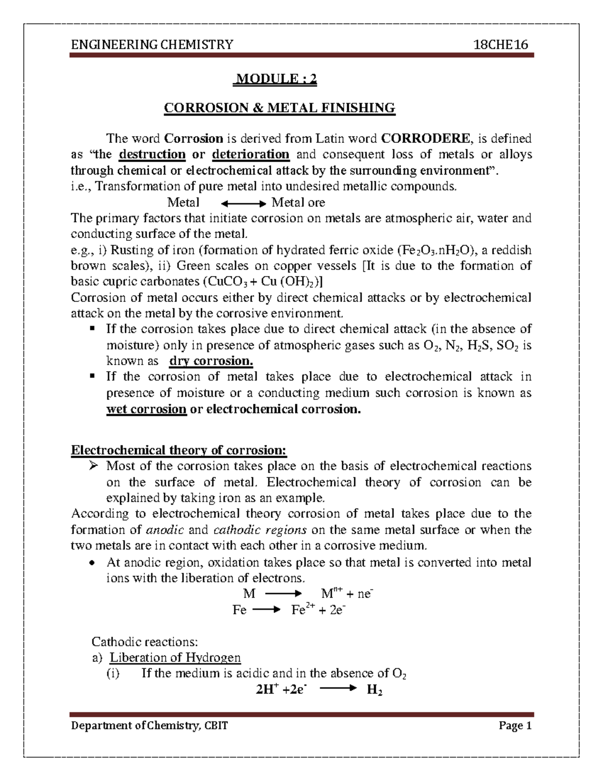 Engineering Chemistry 18CHE16 Module-2-1 - MODULE : 2 CORROSION & METAL FINISHING The word - Studocu