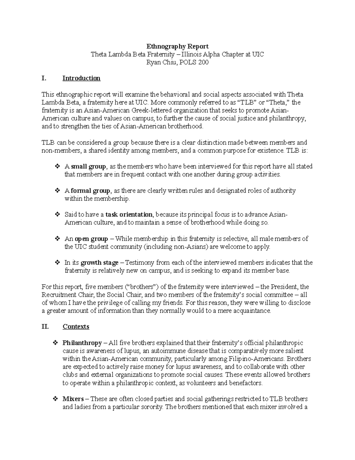 Ethnography Report - Ethnography Report Theta Lambda Beta Fraternity ...