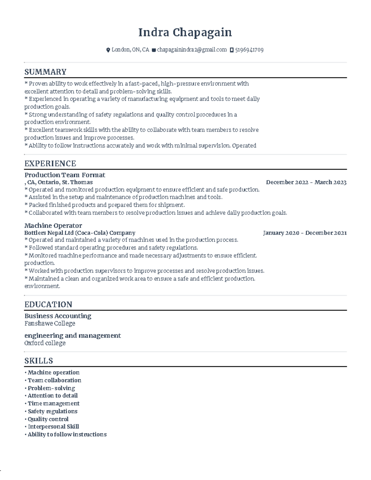 Uploaded resume - good luck - N/A N/A Indra Chapagain London, ON, CA ...