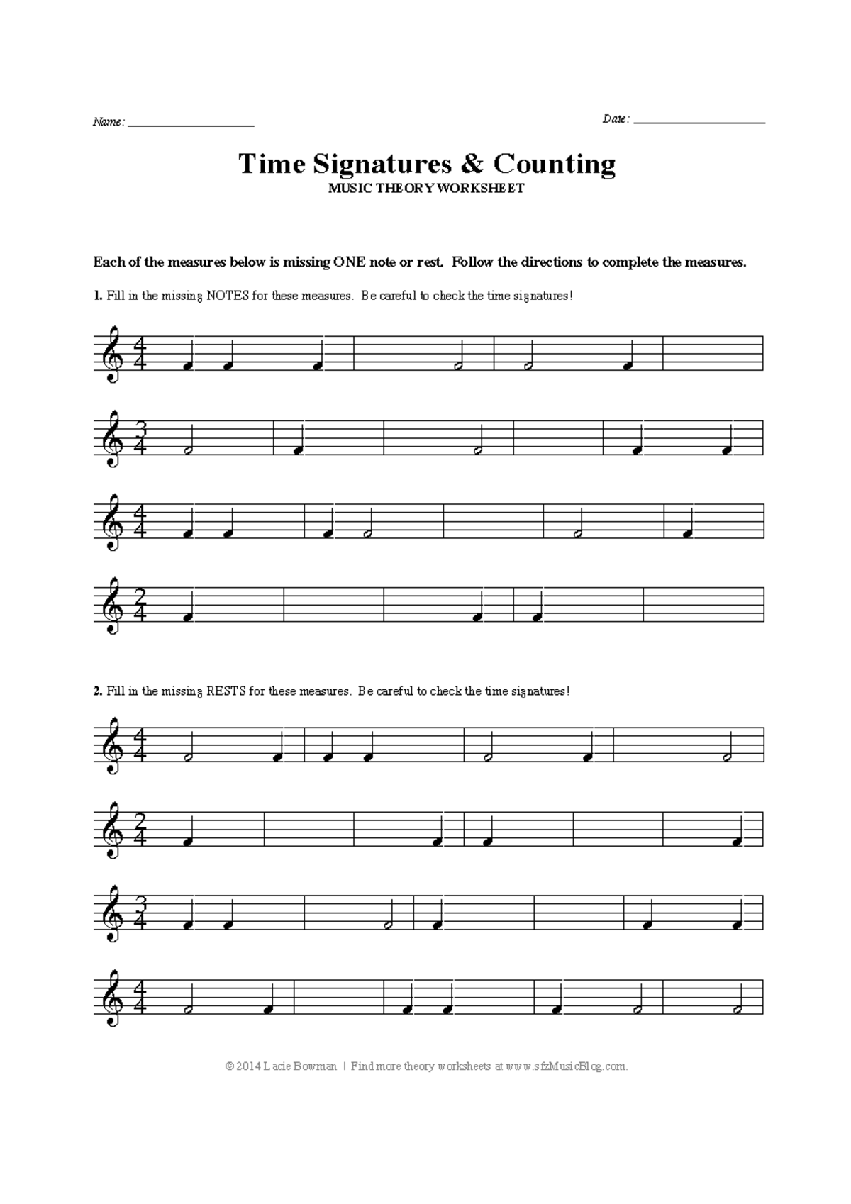 Time Signatures 1 - time signature practise - ! 1. Fill in the missing ...