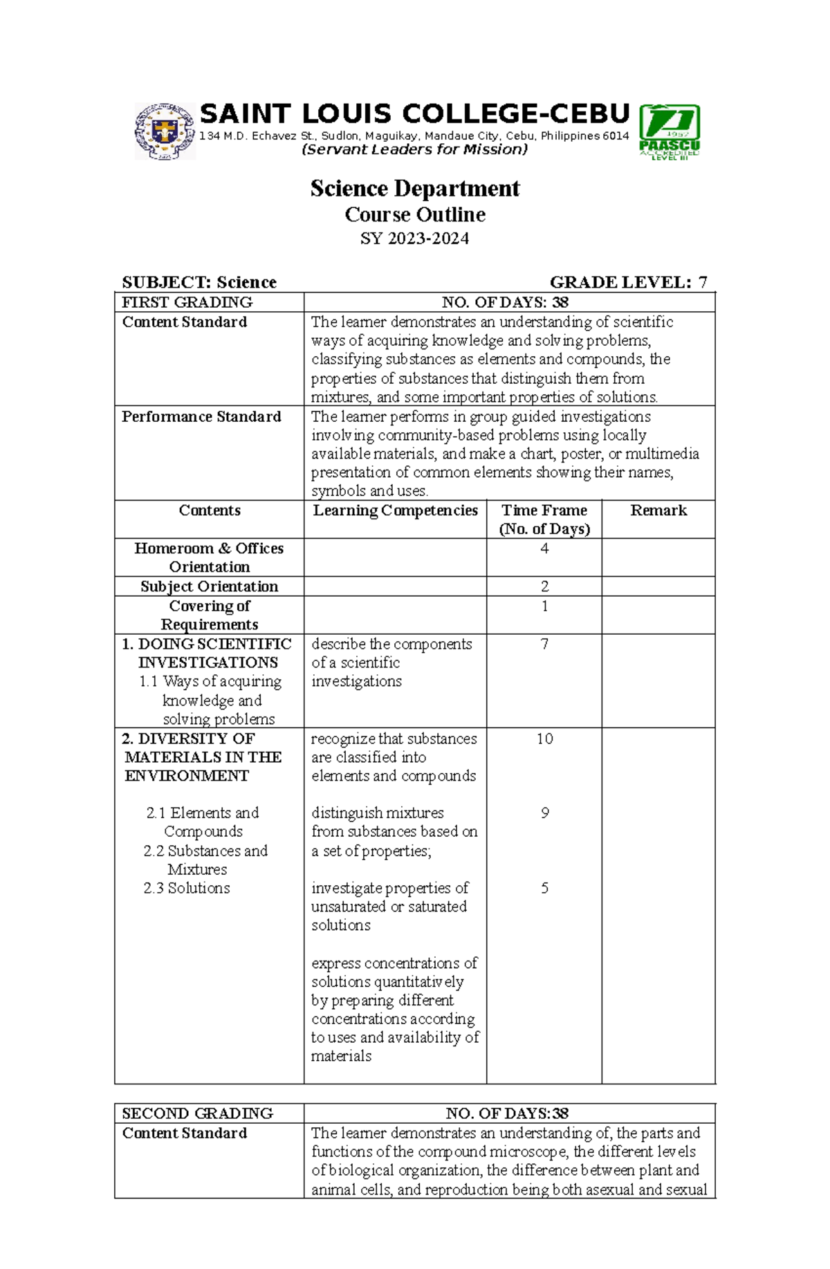 Course-Outline-Grade 7 - SAINT LOUIS COLLEGE-CEBU 134 M. Echavez St ...