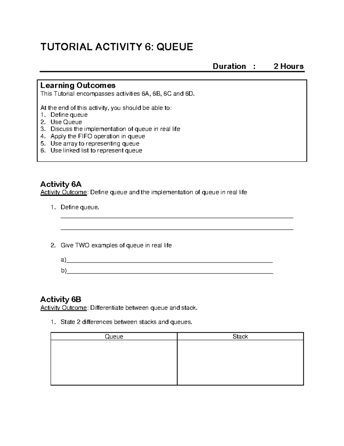 Tutorial Activity 6 Some Notes To Recap Before Exam Tutorial Activity 6 Queue Duration 2