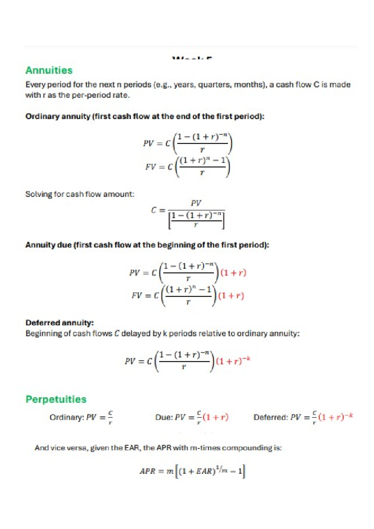 Comm1180 formula sheet - Annuities Every period for the next n periods ...
