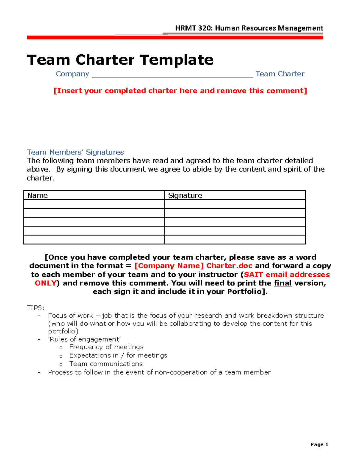 Portfolio Team Charter Template - HRMT 320: Human Resources Management ...