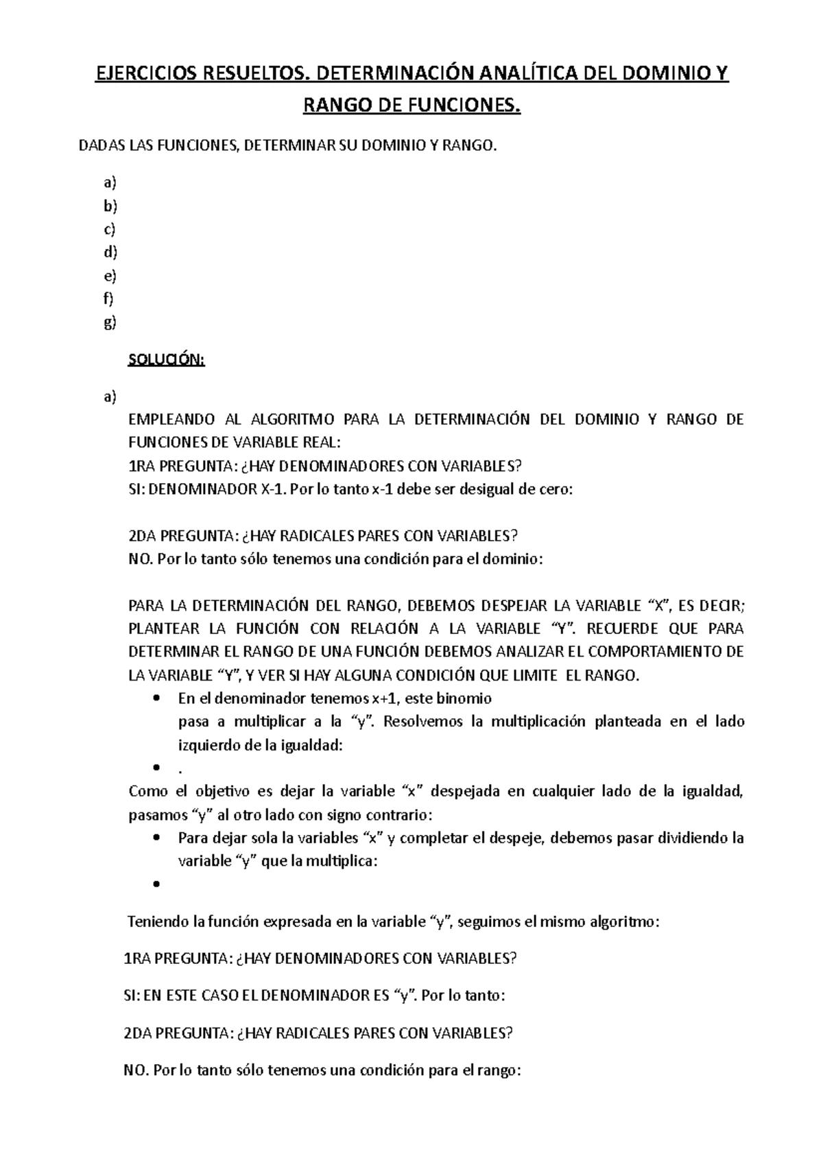 Ejercicios resueltos dominio y rango de funciones - EJERCICIOS RESUELTOS. DETERMINACIÓN ...