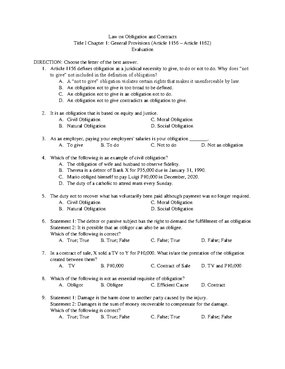 Oblicon Title I Chapter 1 Reviewer - Law on Obligation and Contracts ...