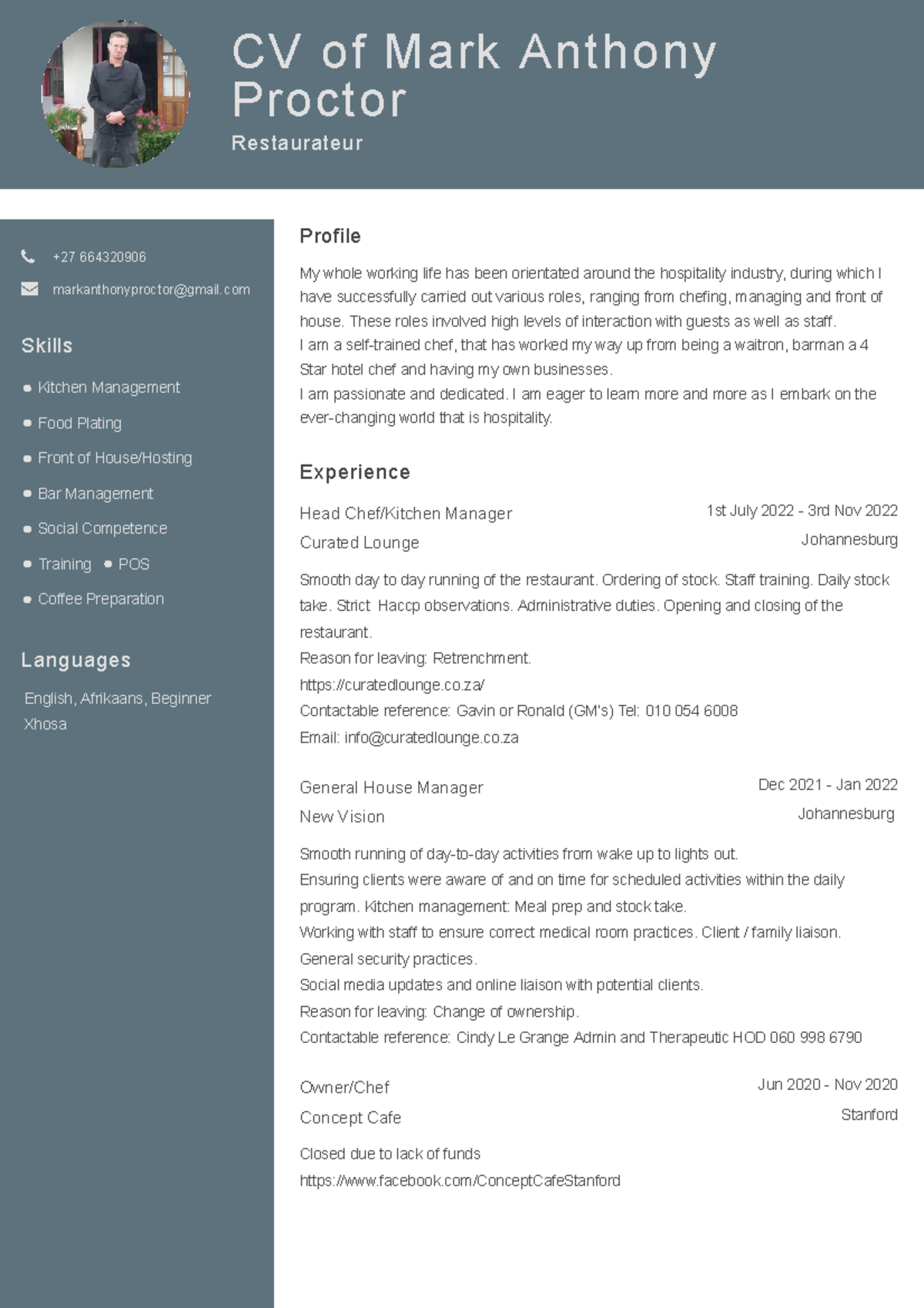 CVMark Proctor 2 - sasasasasa - CV of Mark Anthony Proctor Restaurateur +27 664320906 - Studocu