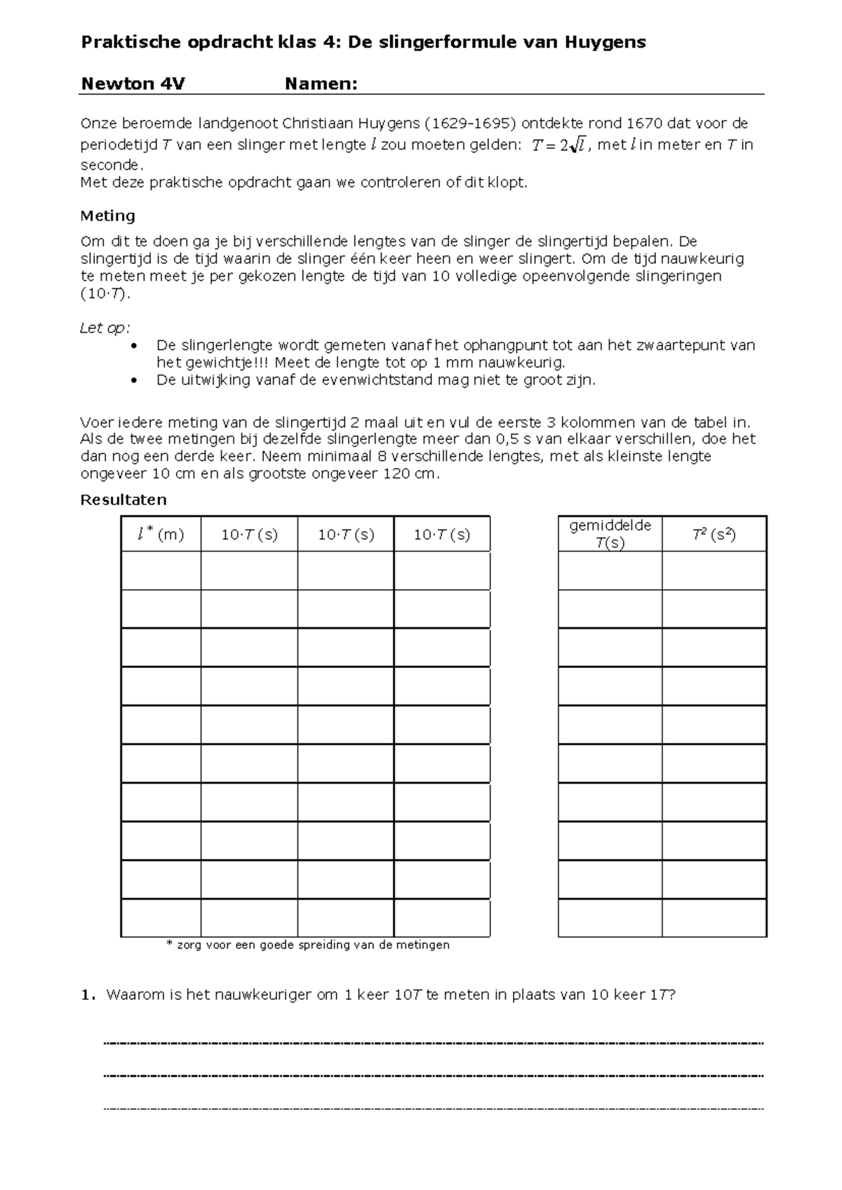 PO Slingerproef Huygens - Practicumblad - Praktische opdracht klas 4 ...