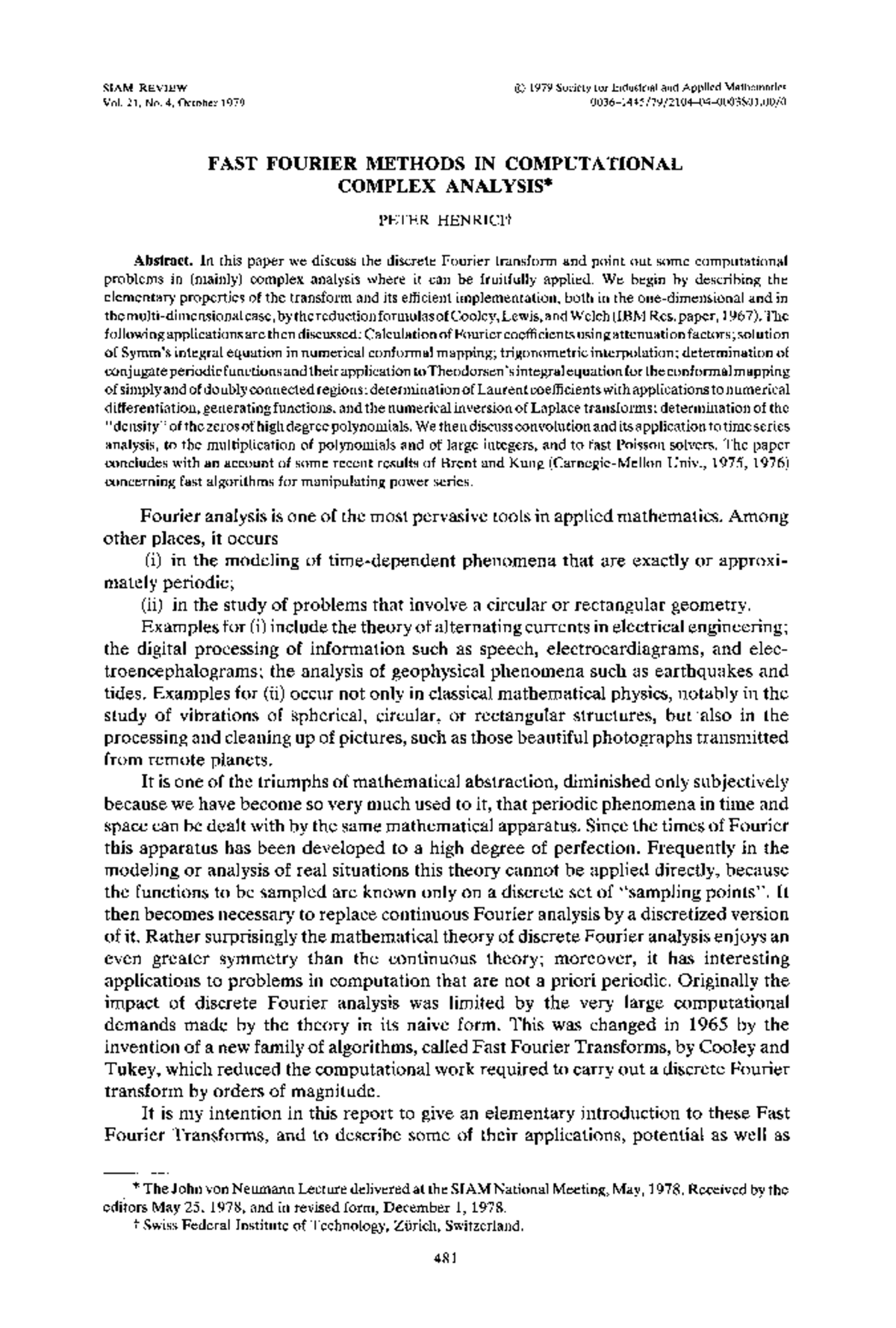 Fast Fourier Methods In Computational Complex Analysis Siam Review Vol 21 No 4 October
