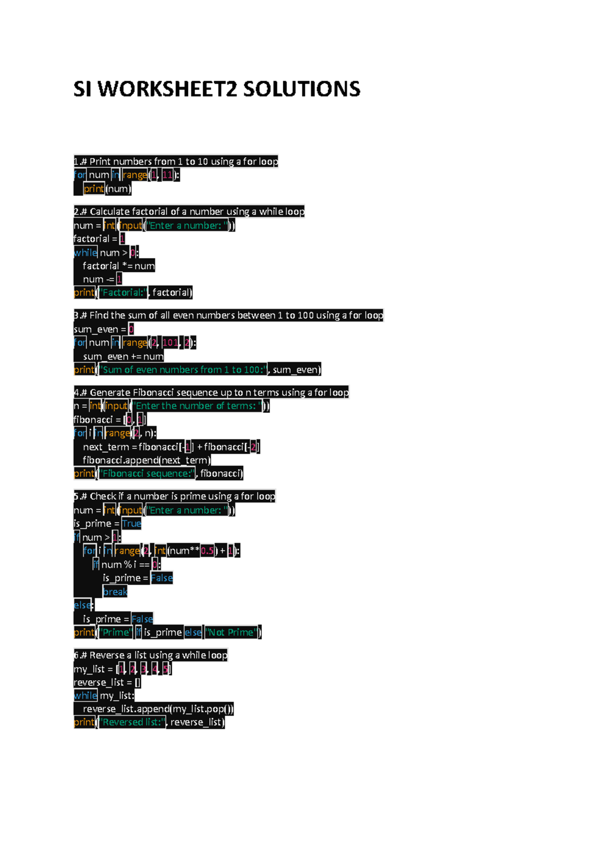 SI Worksheet 2 Solutions - SI WORKSHEET2 SOLUTIONS 1.# Print numbers ...