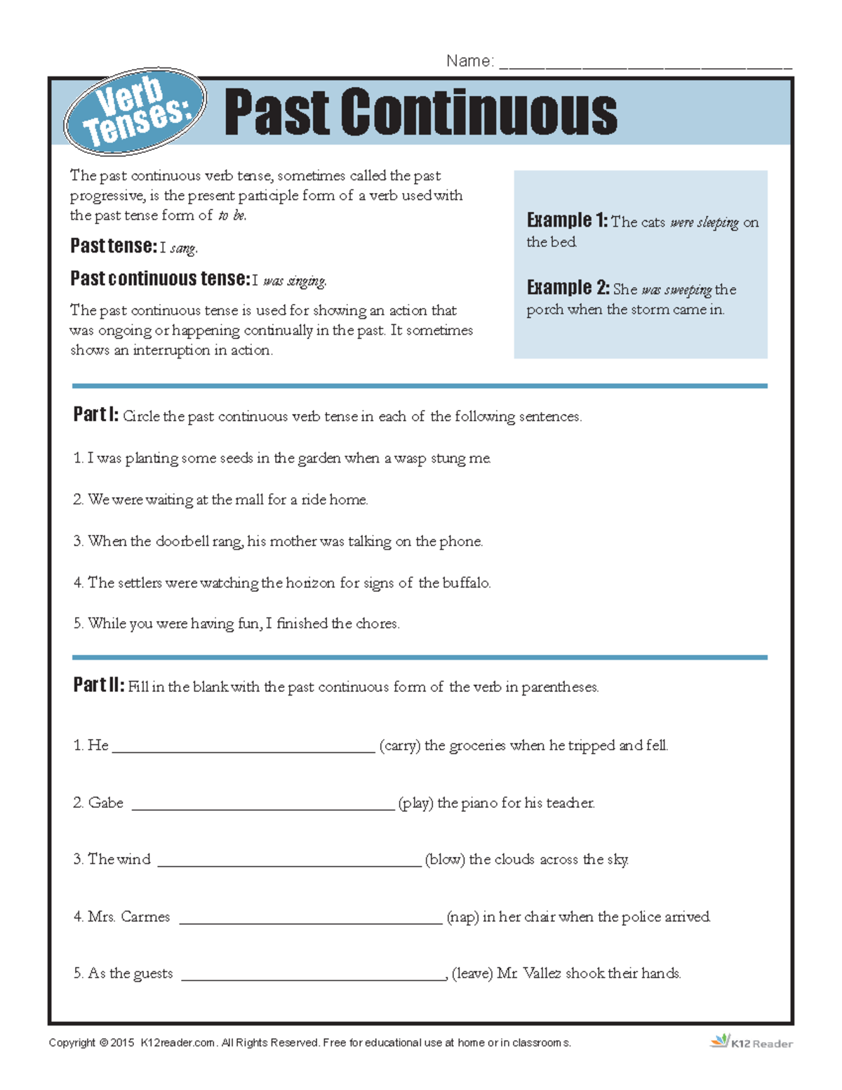 Verb tenses past continuous - Copyright © 2015 K12reader. All Rights ...