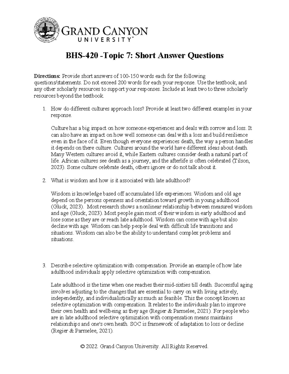 Questions - Coursework - BHS-420 -Topic 7: Short Answer Questions Directions: Provide short ...