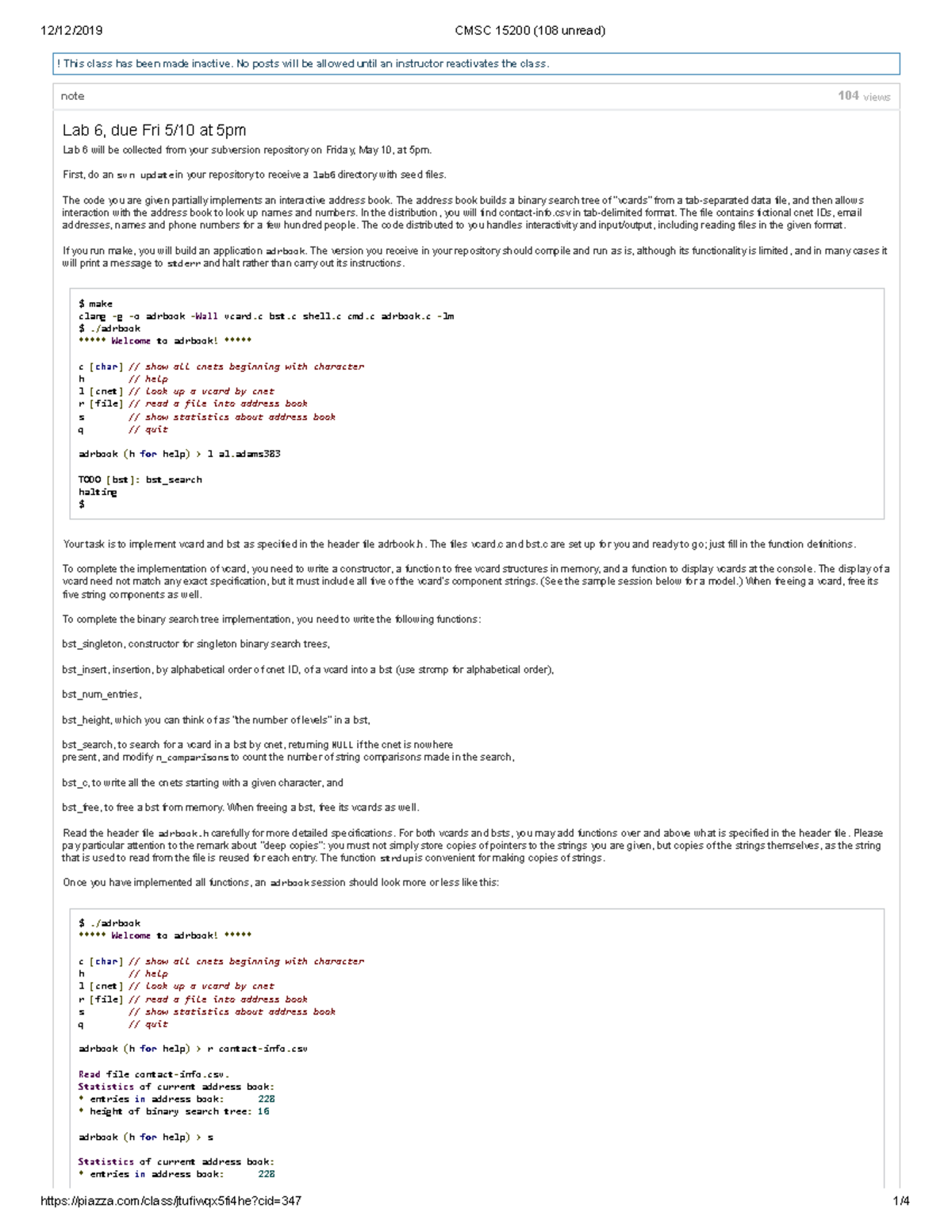 Lab 6 Assignment - 12/12/2019 CMSC 15200 (108 unread) piazza/class ...