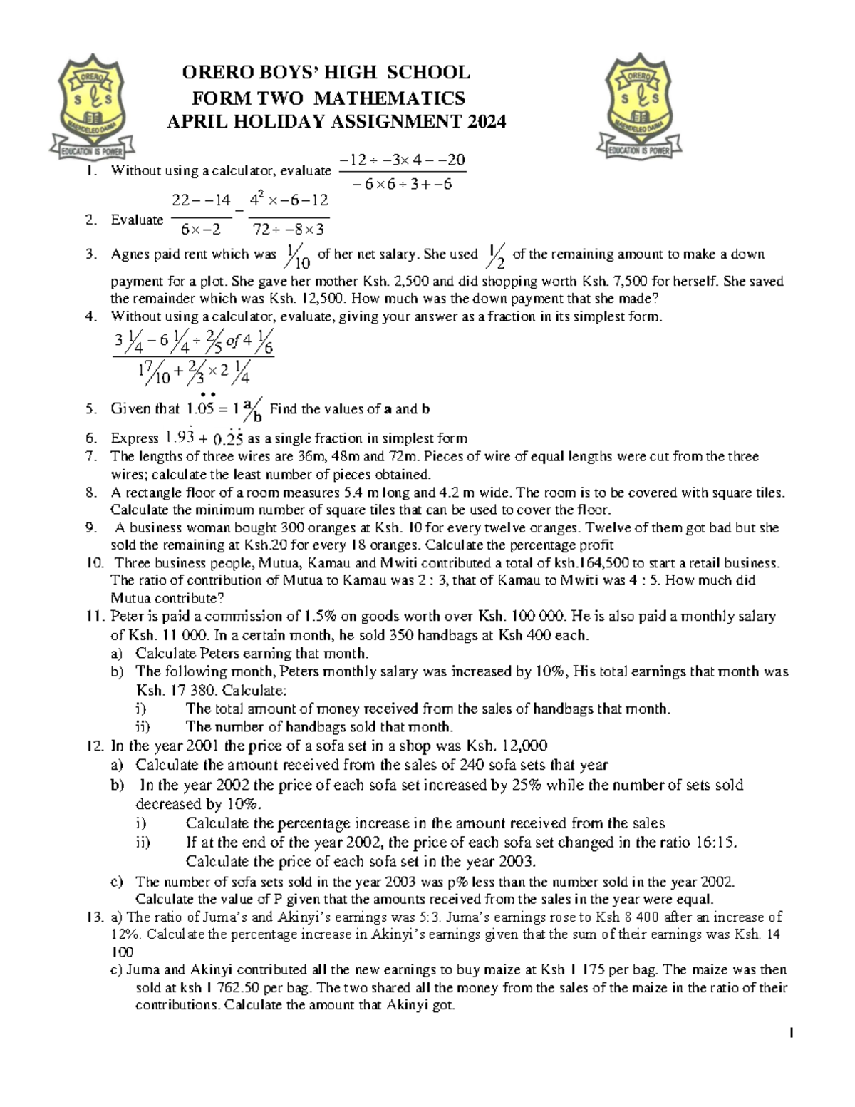 FORM 2 MATH ASS - Summary mathematics and computer science - ORERO BOYS ...