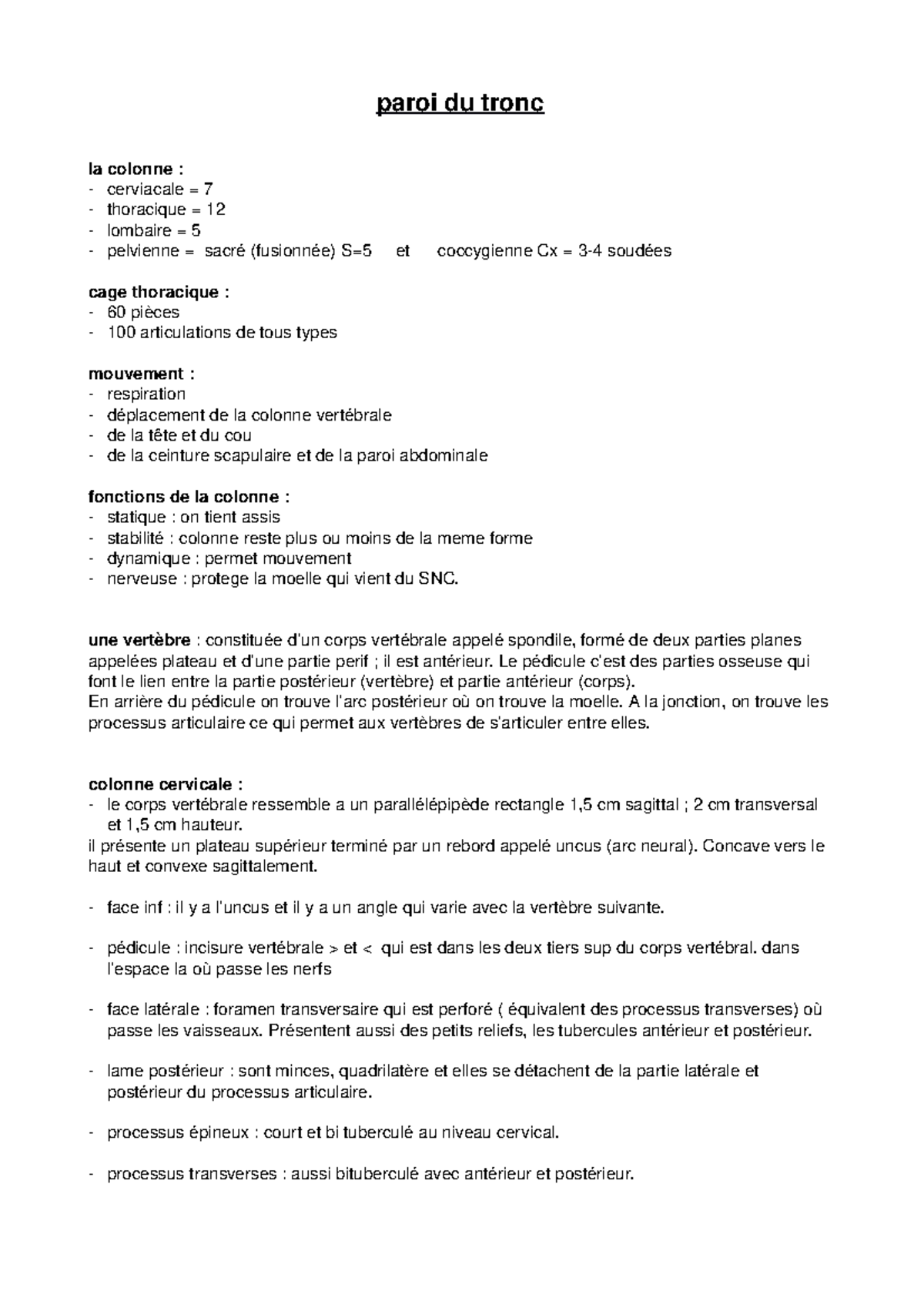 Paroi du tronc - UE5 Anatomie PACES - Unistra - StuDocu