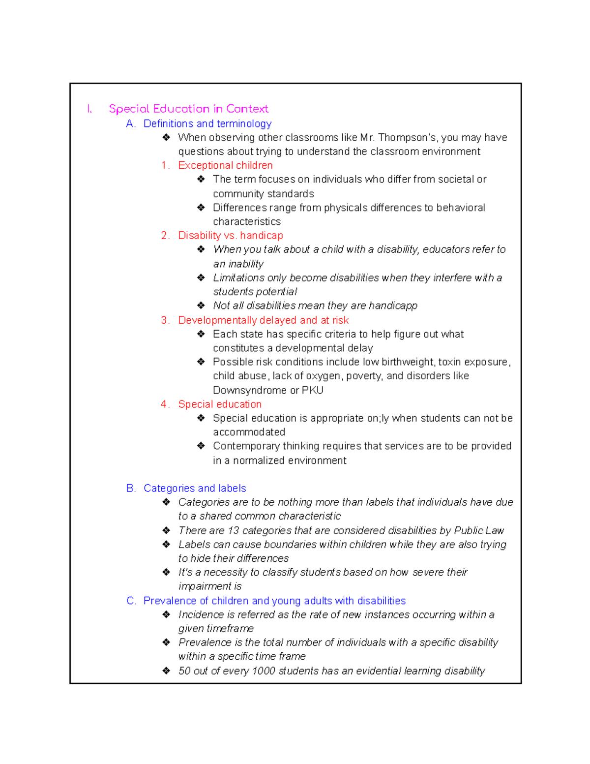 Outline 1 - I. Special Education in Context A. Definitions and ...