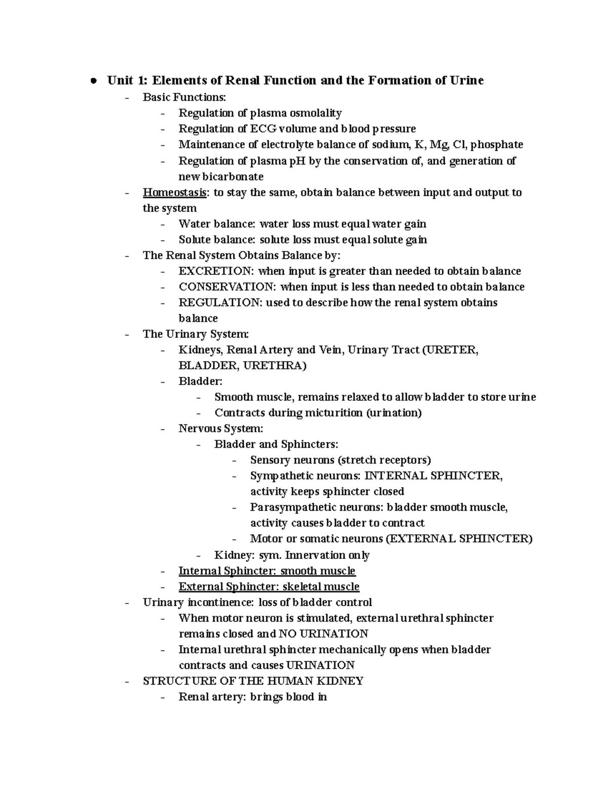 Renal Physiology Notes - Unit 1: Elements of Renal Function and the ...