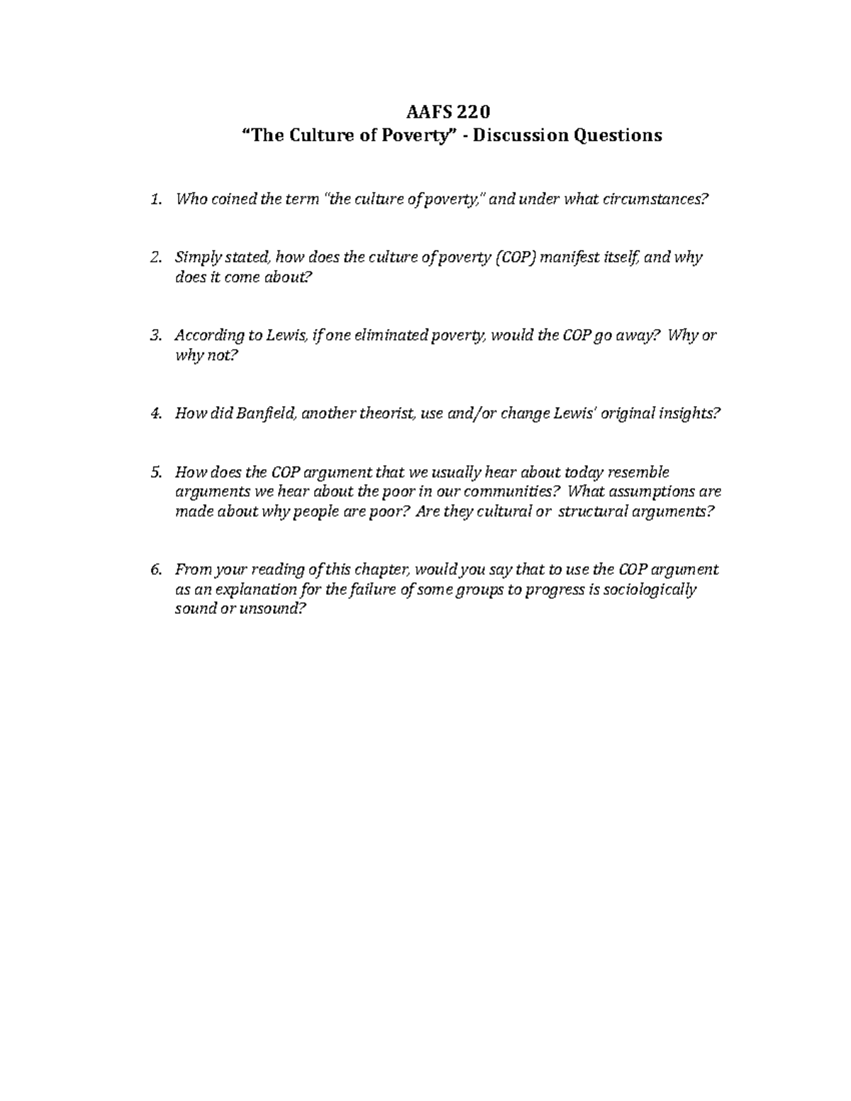 Culture of Poverty Questions - AAFS 220 “The Culture of Poverty ...