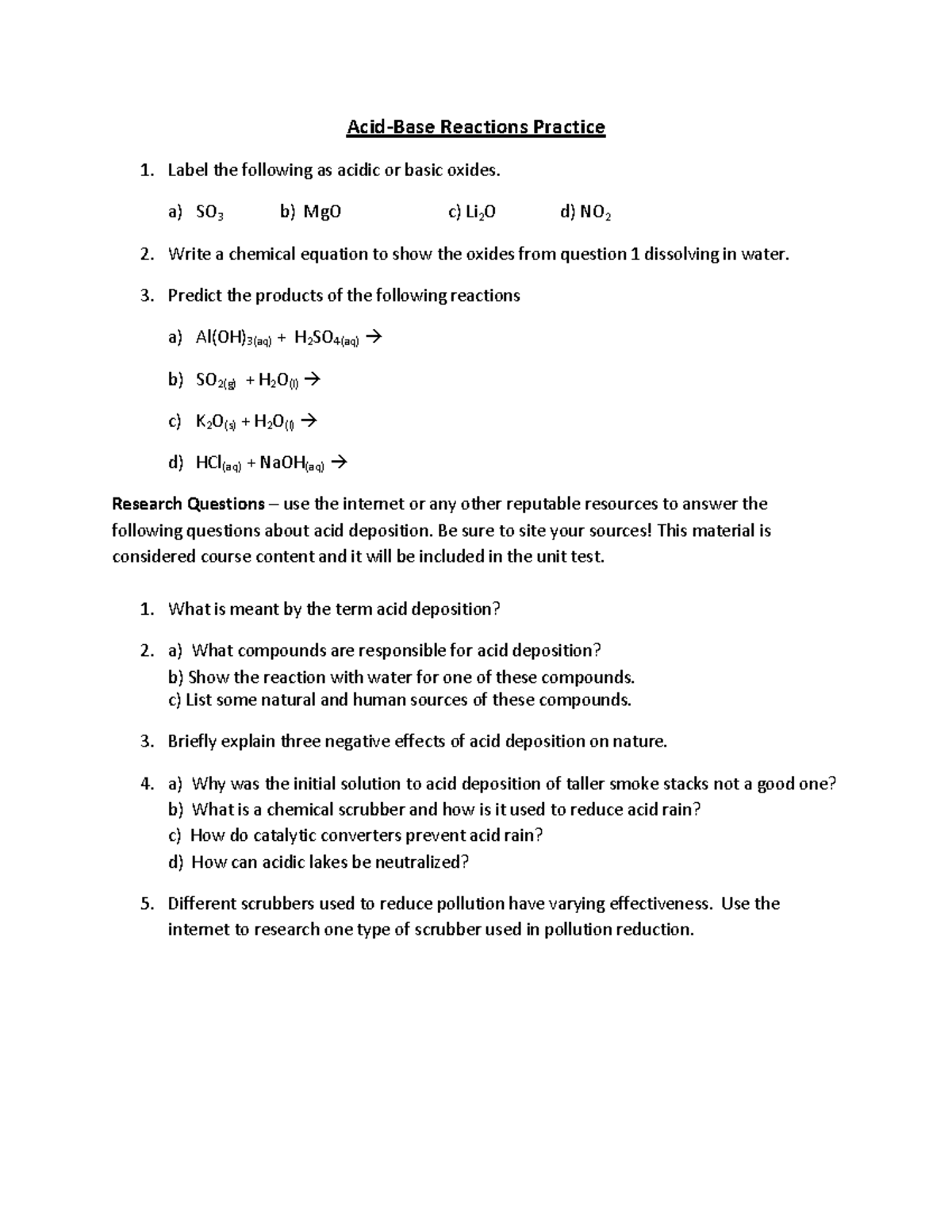 Acid-Base Reactions Practice - CHMB16 - U of T - Studocu