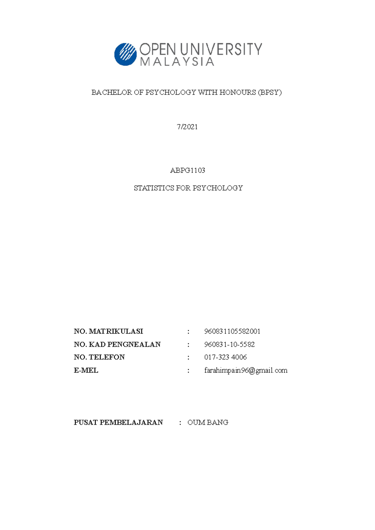 Assignment ABPR1103 - hopefully help - BACHELOR OF PSYCHOLOGY WITH ...