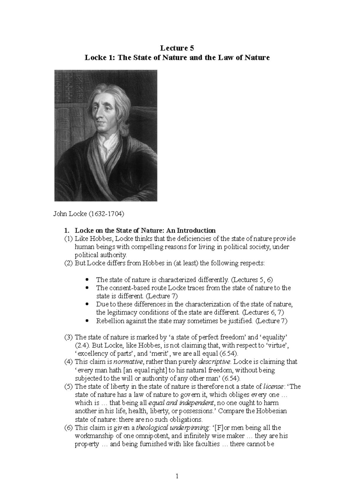 Lecture 5 - Lecture 5 Locke 1: The State of Nature and the Law of ...