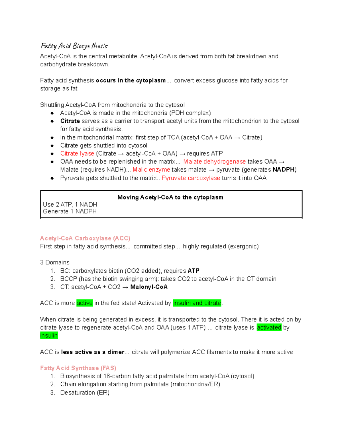 Fatty Acid Biosynthesis, Fat Transport, and Regulation of FA Metabolism ...