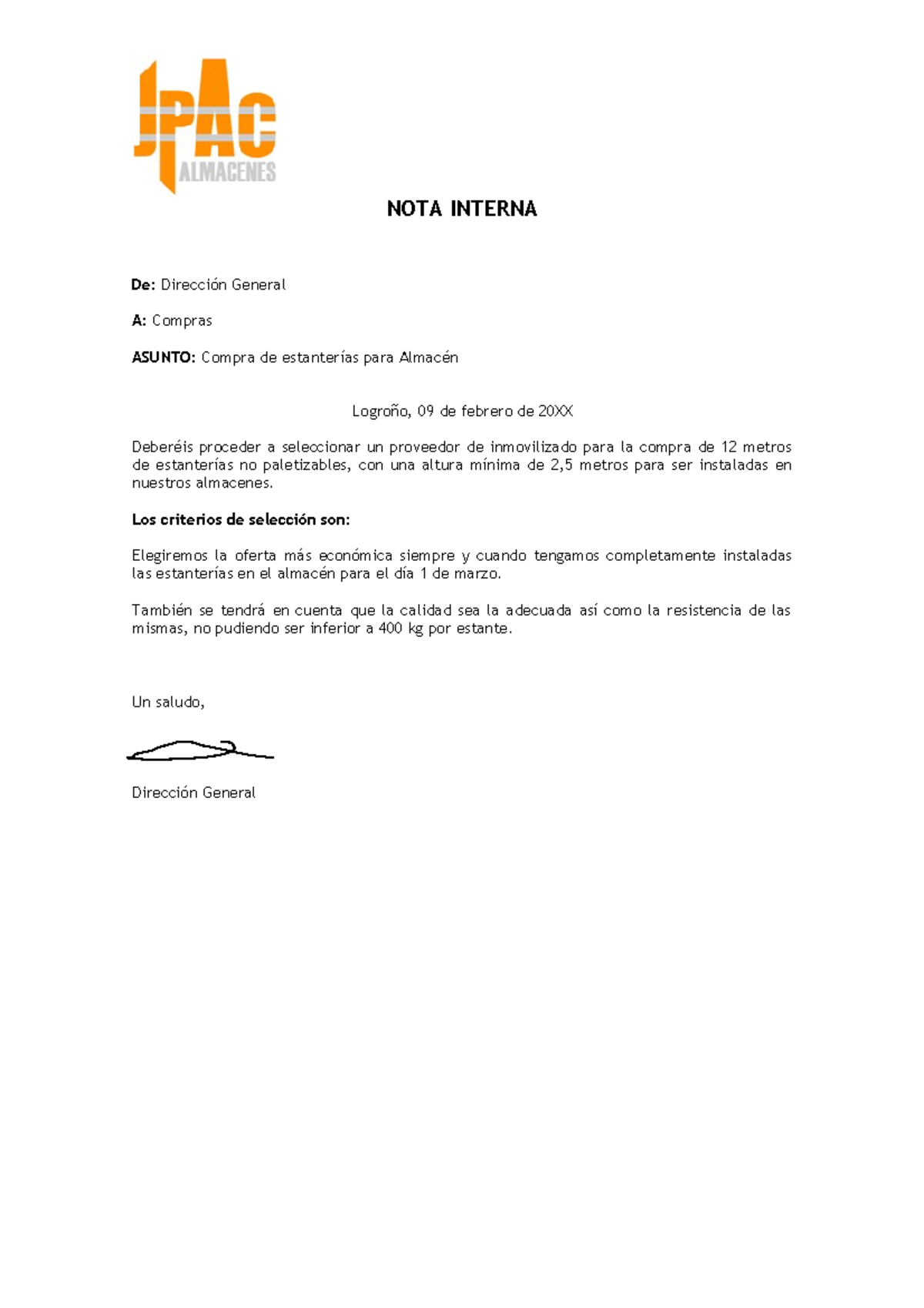20XX-02-09 Nota interna - NOTA INTERNA De: Dirección General A: Compras ...