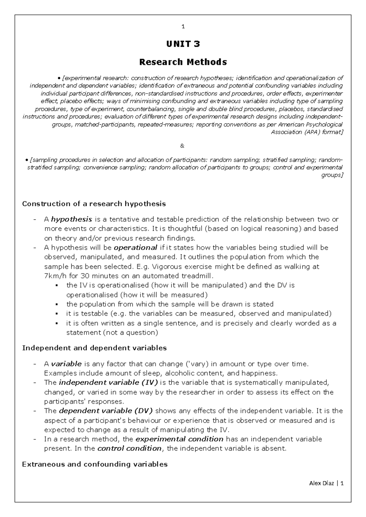 Research methods summary notes - UNIT 3 Research Methods ...