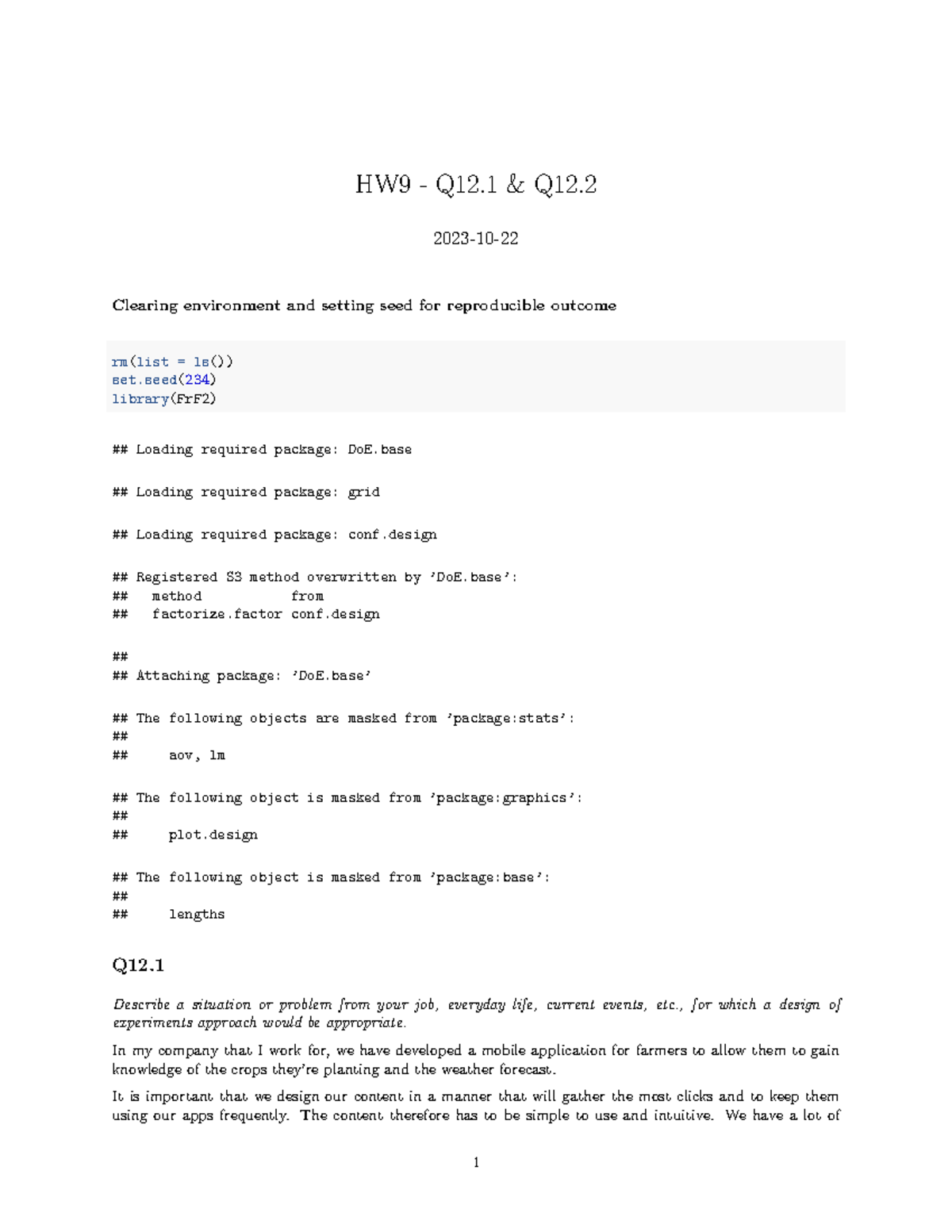 HW9-1 - HW 9 answer - HW9 - Q12 & Q12. 2023-10- Clearing environment and setting seed for - Studocu