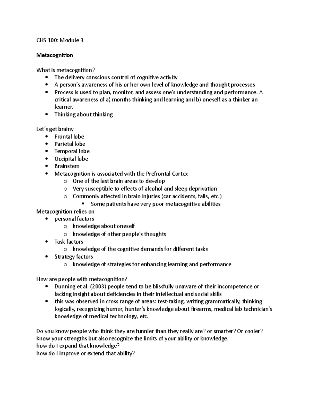 CHS 100 - Module 3 - CHS 100: Module 3 Metacogniion What is ...
