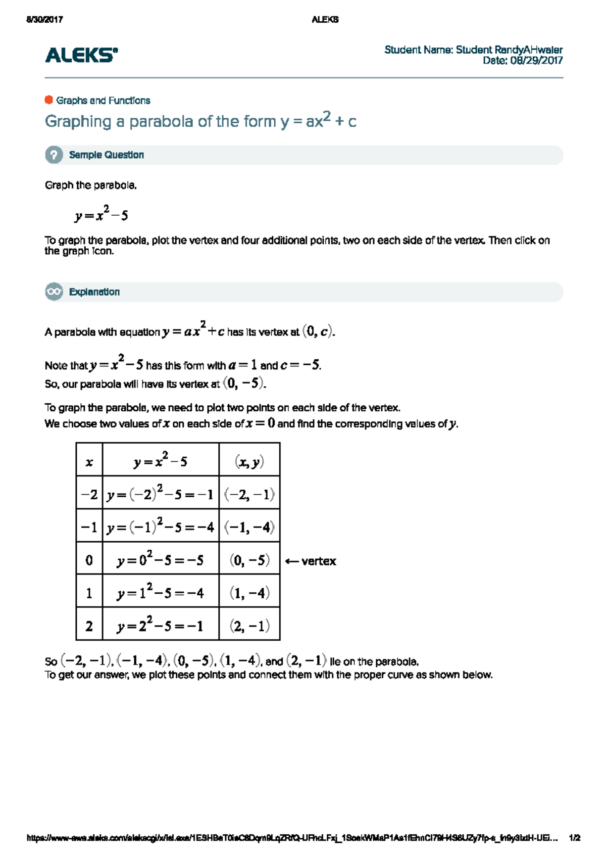 Graphing a parabola of the form y = ax2 + c - Studocu