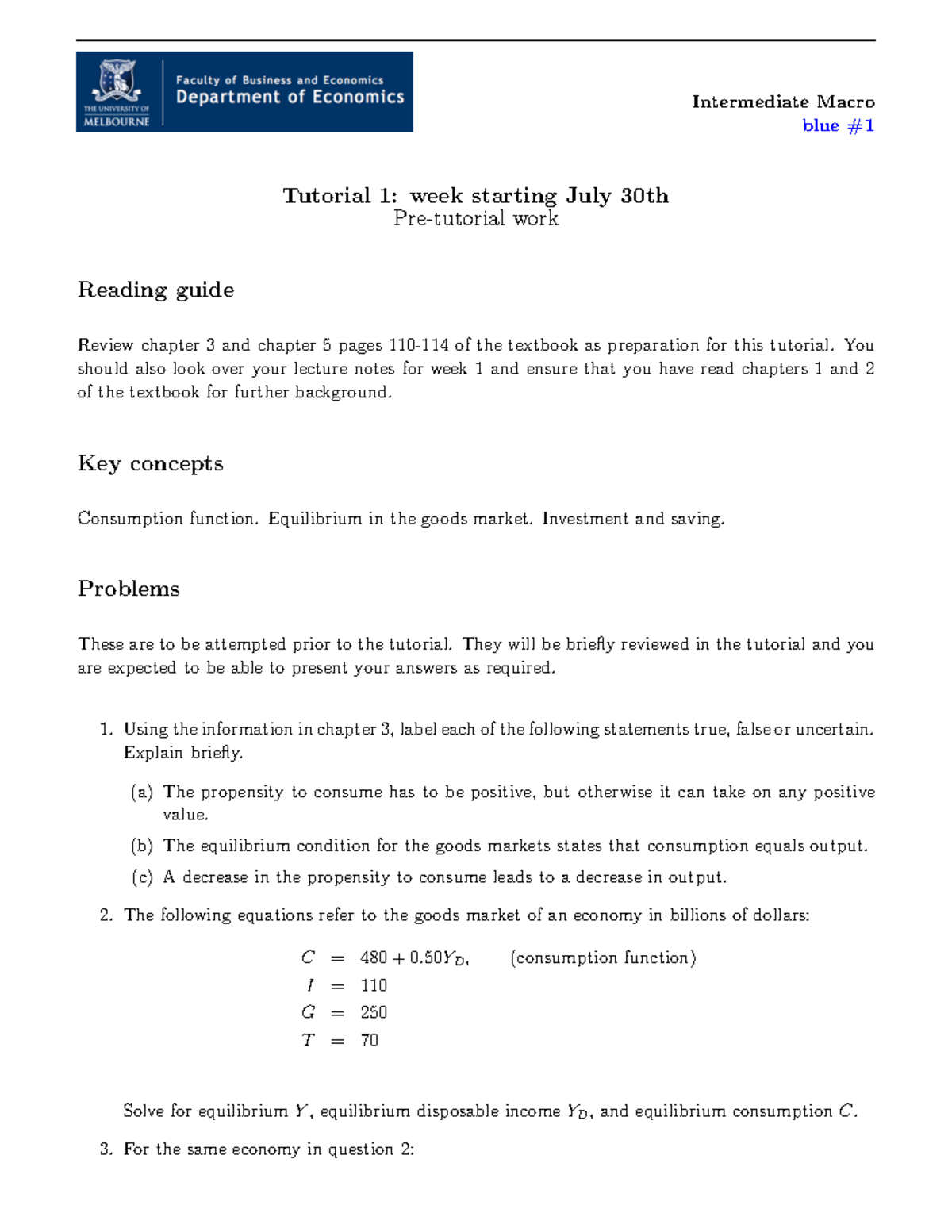 Blue1 - blue sheet week 1 - Intermediate Macro blue # Tutorial 1: week ...