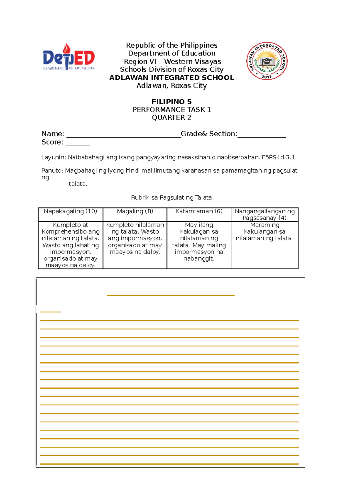 PT 1 Filipino 5 Q2 20 21 - Performance Task - Republic of the ...