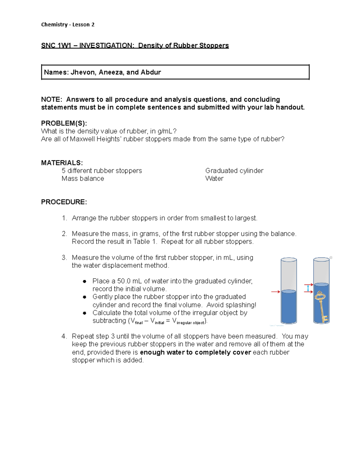 Lab #1 Density of Rubber stopper - SNC 1W1 – INVESTIGATION: Density of ...