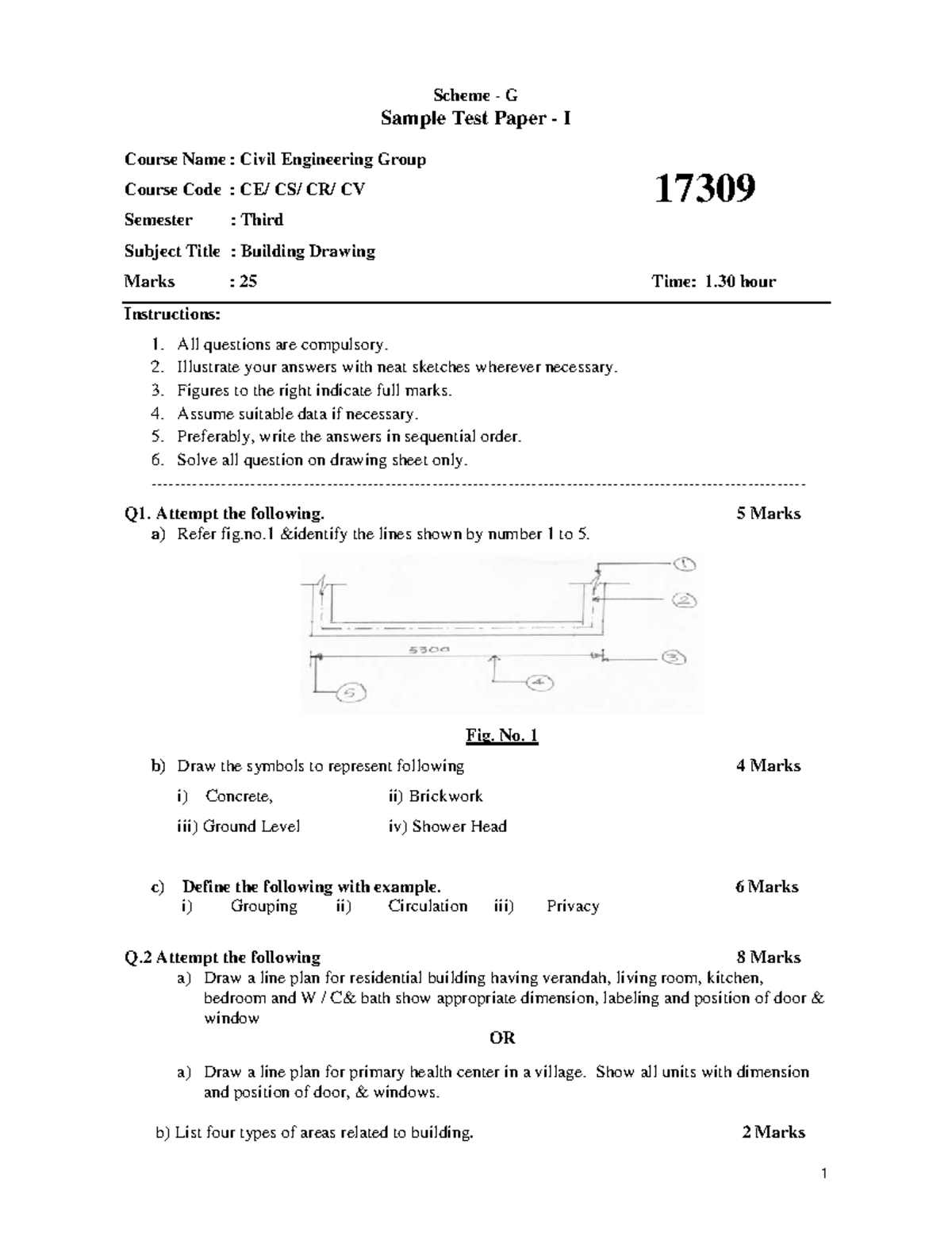17309 - Building Drawing(CE) - Sample Test Paper - I Course Name ...