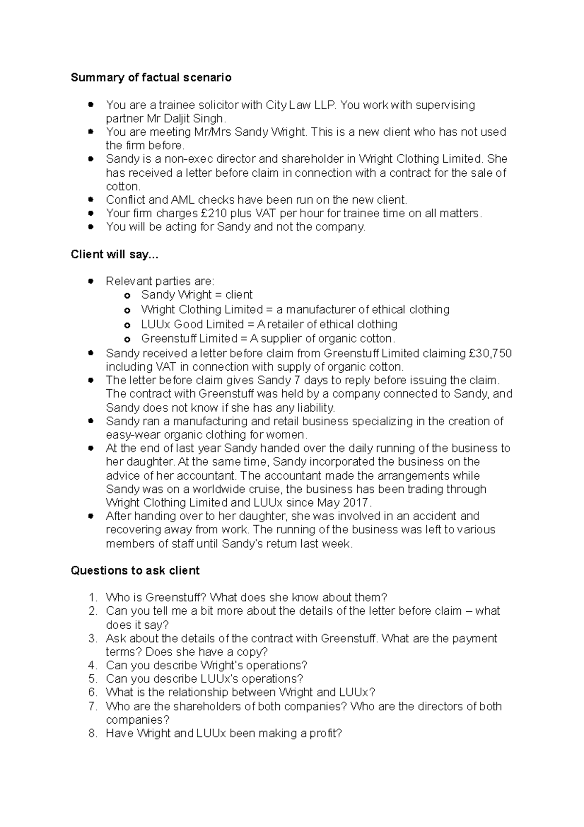 Interview scenario ULAW - Summary of factual scenario You are a trainee ...
