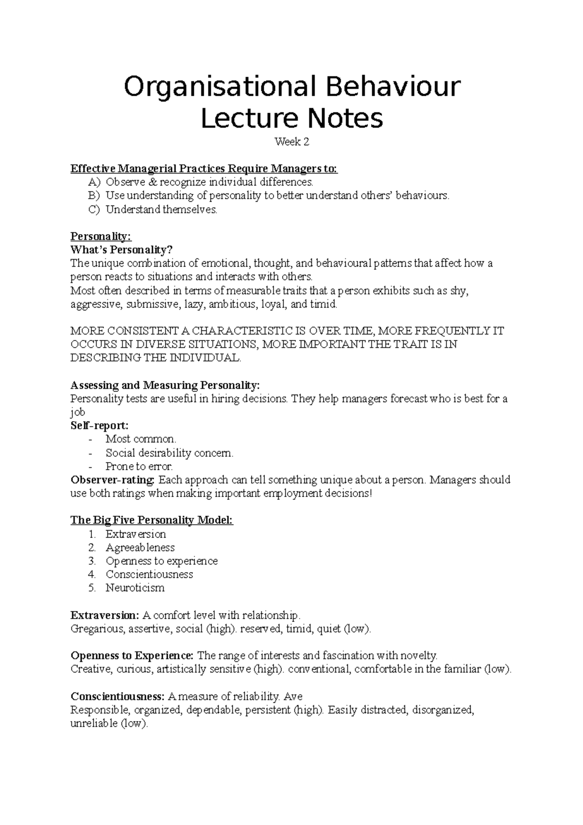Organisational Behaviour Lecture Notes Week 2 - Organisational ...