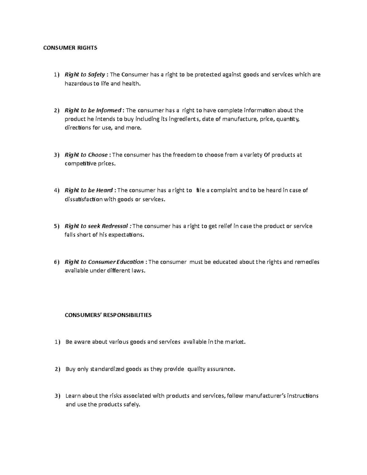 Rights and responsibilities of consumers - CONSUMER RIGHTS Right to ...