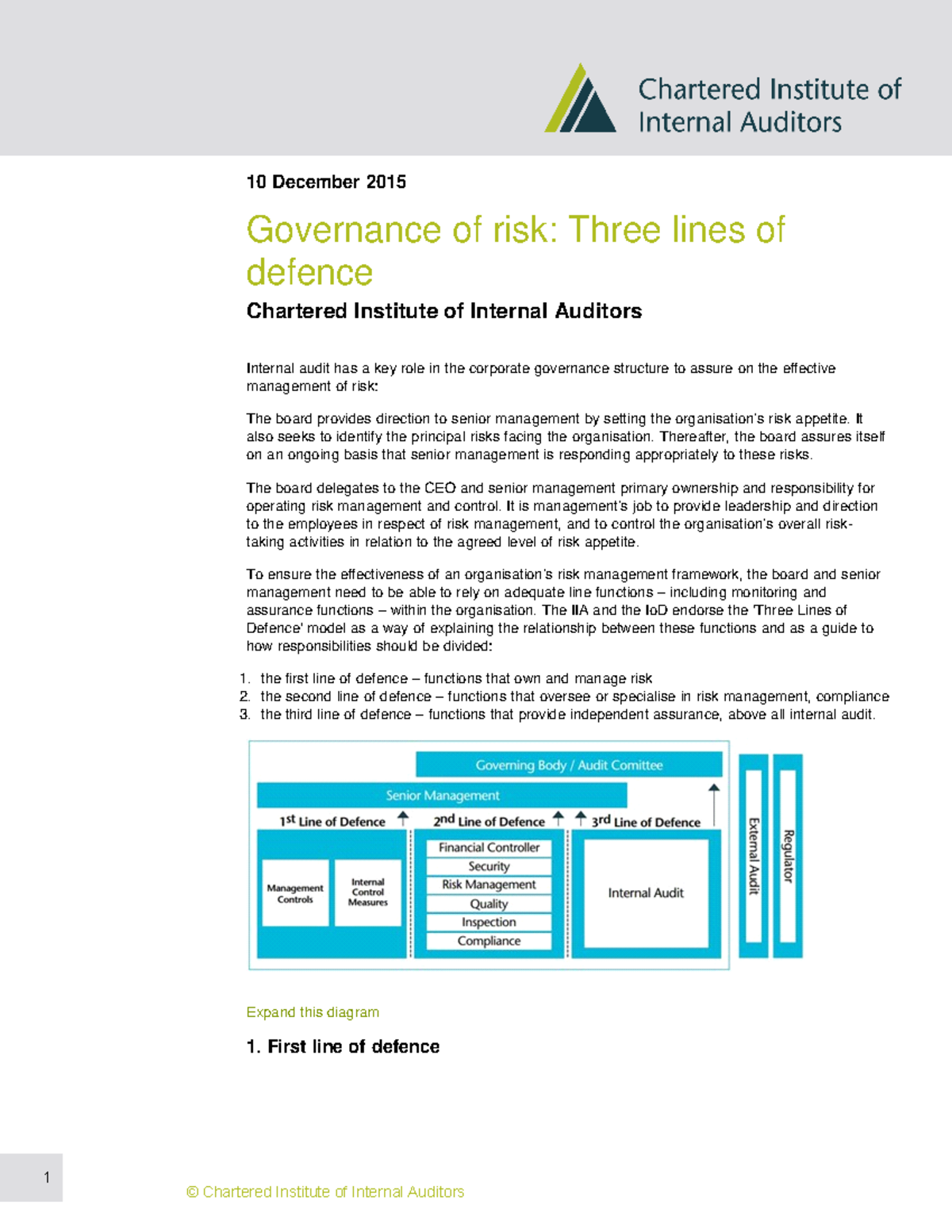3 lines of defence - audit - 10 December 2015 Governance of risk: Three ...