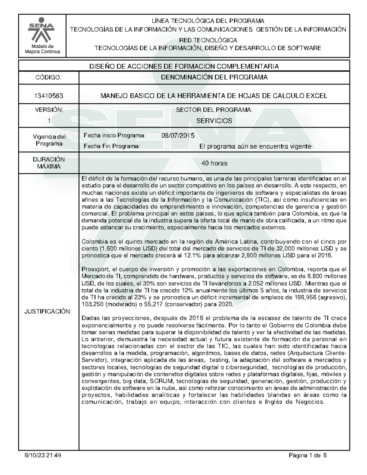 Informe Programa de Formación Complementaria Excel Basico-SENA - TECNOLOGÍAS DE LA INFORMACIÓN Y ...
