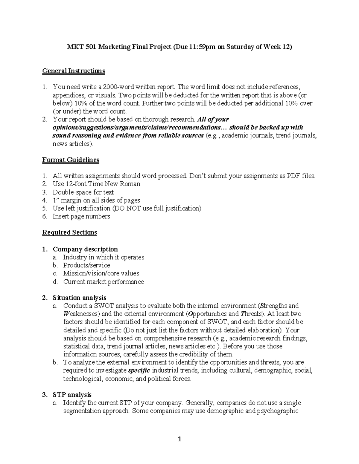 MKT 501 Final Project Instruction Fall 2022 - 1 MKT 501 Marketing Final ...