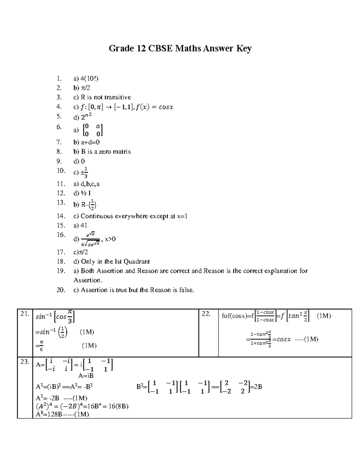 Grade XII Maths CBSE Answer Key - Grade 12 CBSE Maths Answer Key a) 4 ...